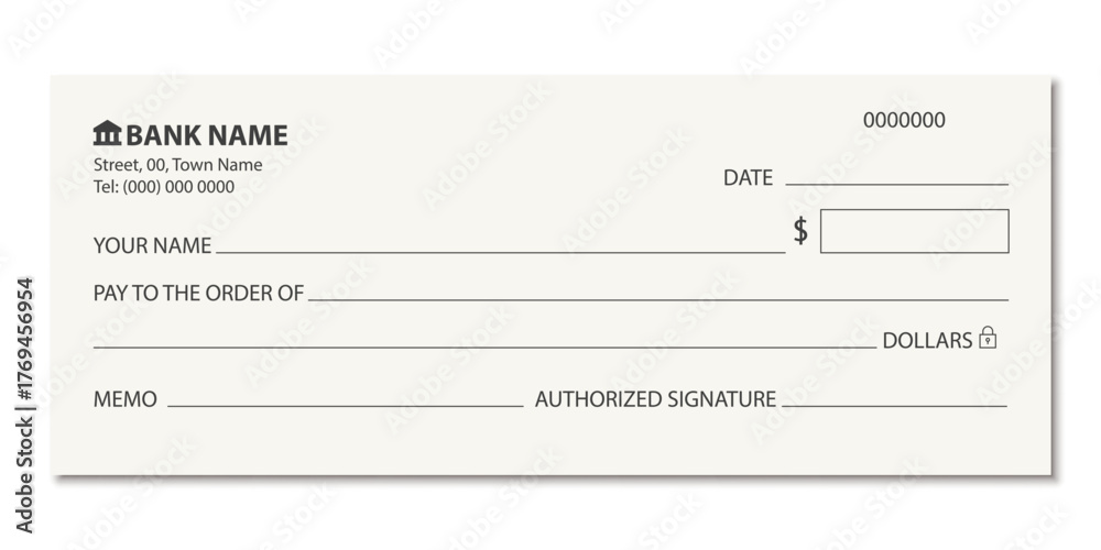 Blank bank check, checkbook cheque. Blank financial check template ...