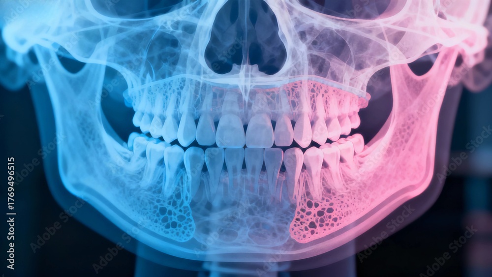 Ilustrace Blue and pink hue X-ray medical image, cross-sectional view ...