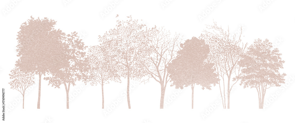 Minimal-style CAD side-view tree and wetland forest section outline set ...