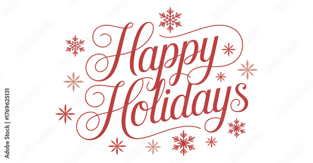 Elegant “Happy Holidays” greeting in red cursive script with festive ...