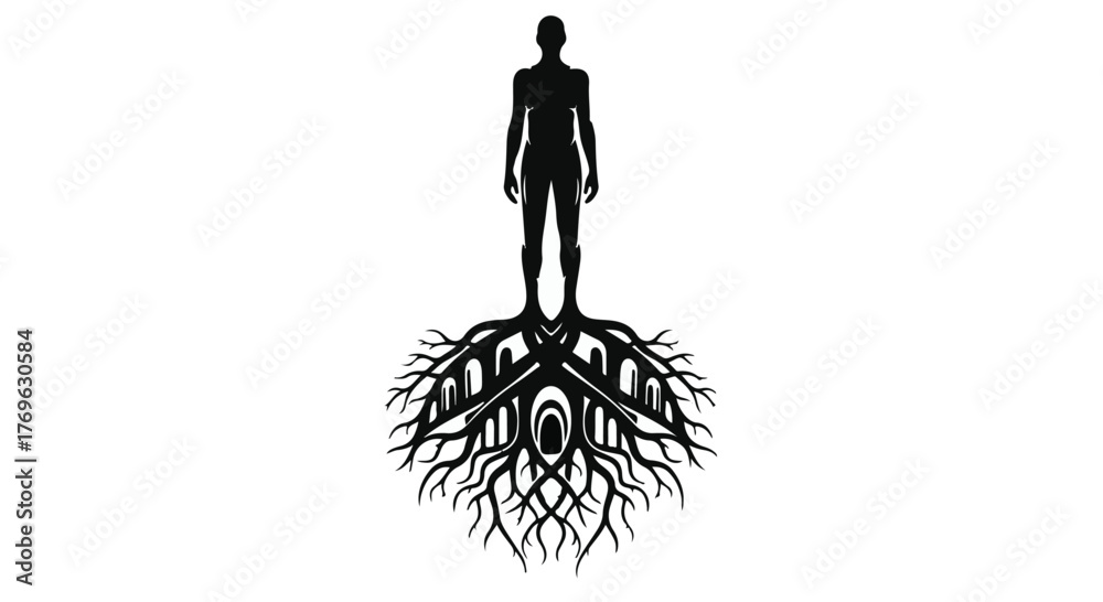 Silhouette of a person standing on a complex root system in black and ...