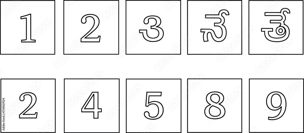 Monochrome collection of number icons from one to nine, featuring ...