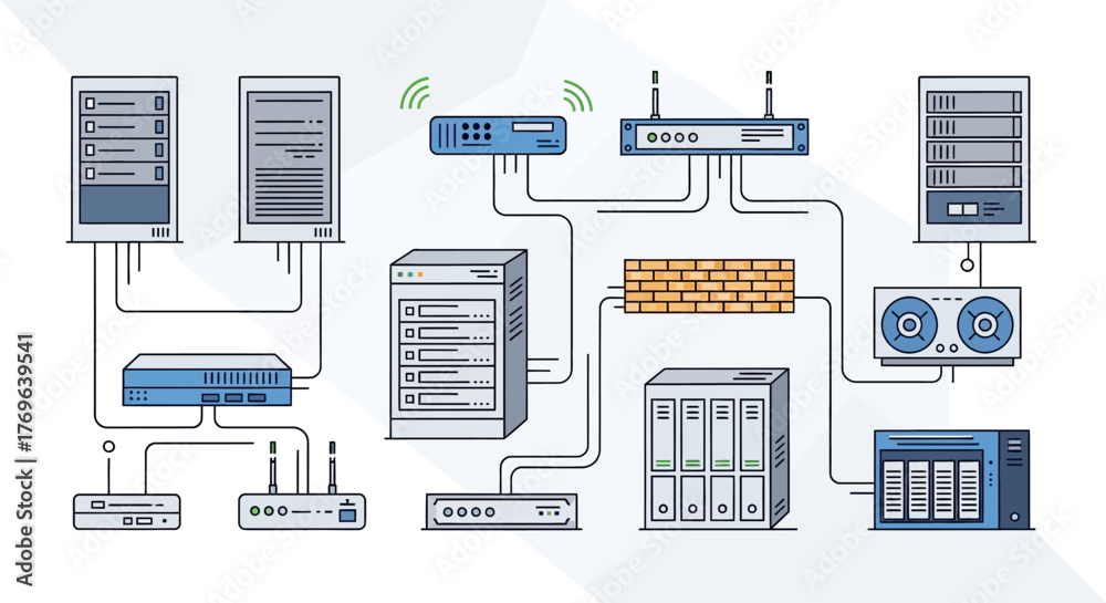 Network diagram illustrating various interconnected servers, routers ...