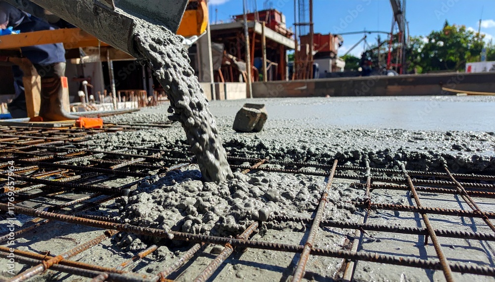 Dramatic Cinematic Shot of Cement Pouring from Massive Mixer into ...