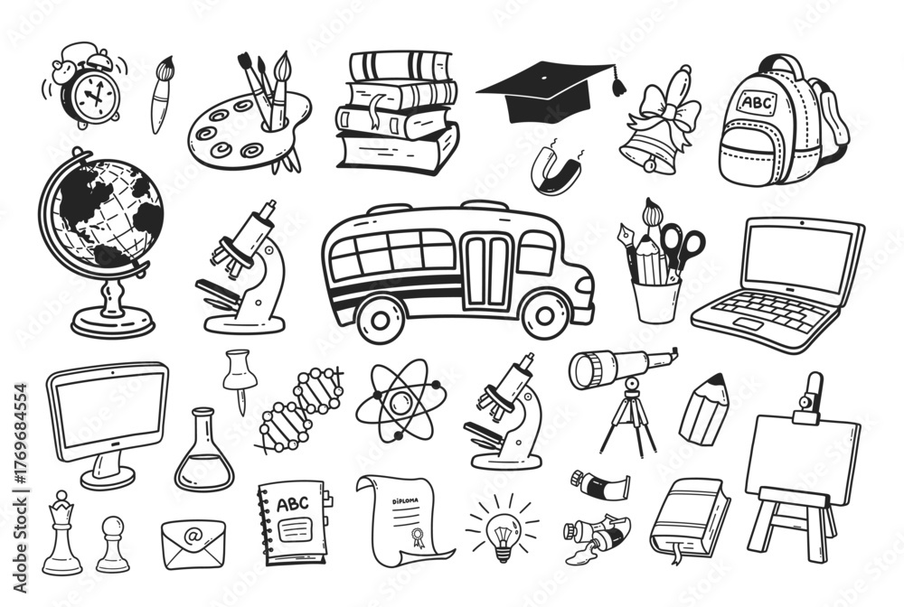 Collection of black and white doodles featuring school items like books ...