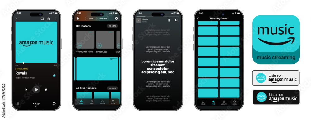 Vector de Stock Amazon Music streaming app mockup showcasing player ...