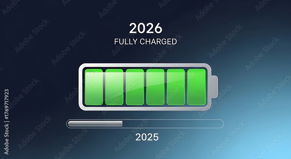 Full battery charge indicator showing the year 2026, with a progress ...