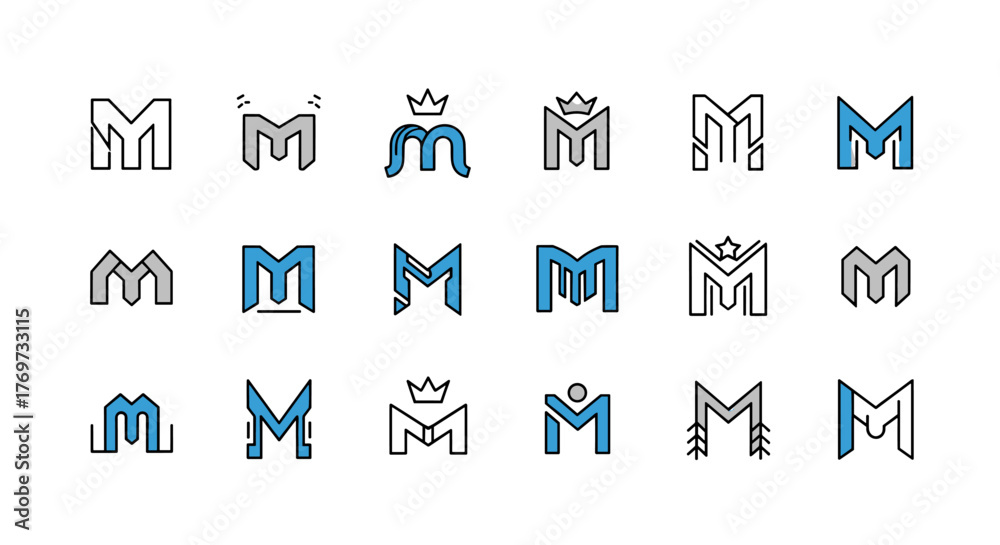 Collection of stylized letter M logos, featuring modern geometric ...