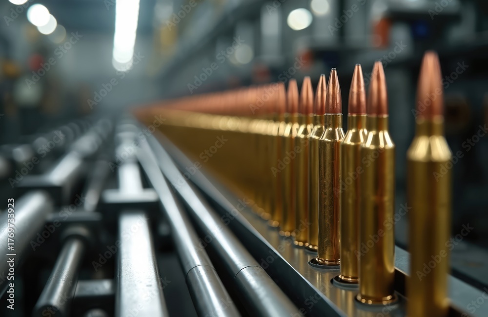 Rows of shiny automatic rifle bullets move along factory conveyor line ...