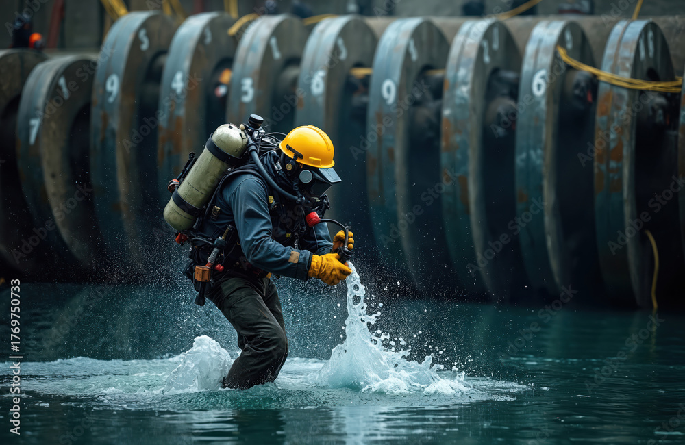 Diver in scuba gear jumps into water for underwater welding work on dam ...