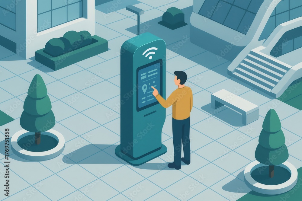 Man using a futuristic digital information kiosk with touchscreen ...