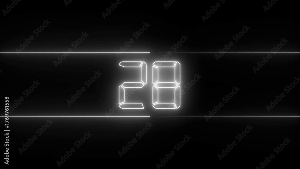 White neon digital number 28 glowing on black background with ...