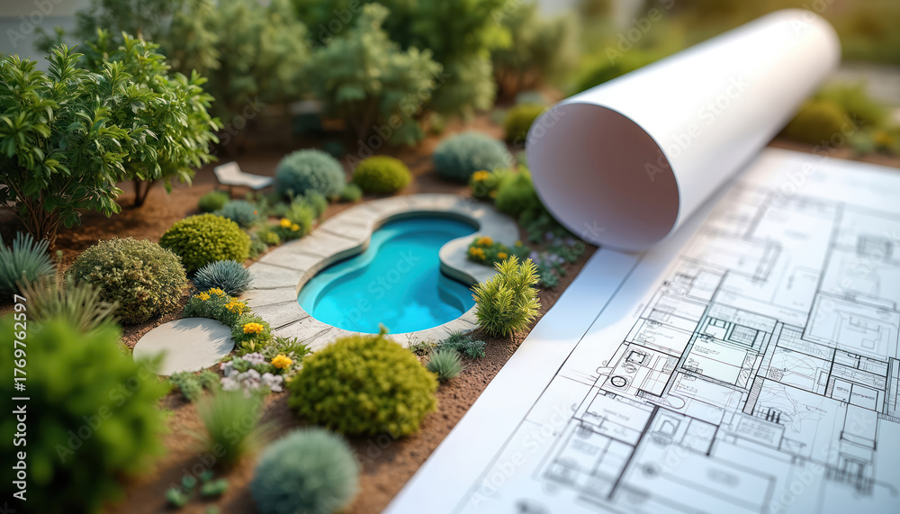 Landscape plan with pool, blueprints presented. Garden project shows ...
