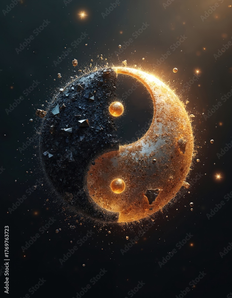 Dynamic textured yin yang symbol fragment glows in dark cosmos. One ...