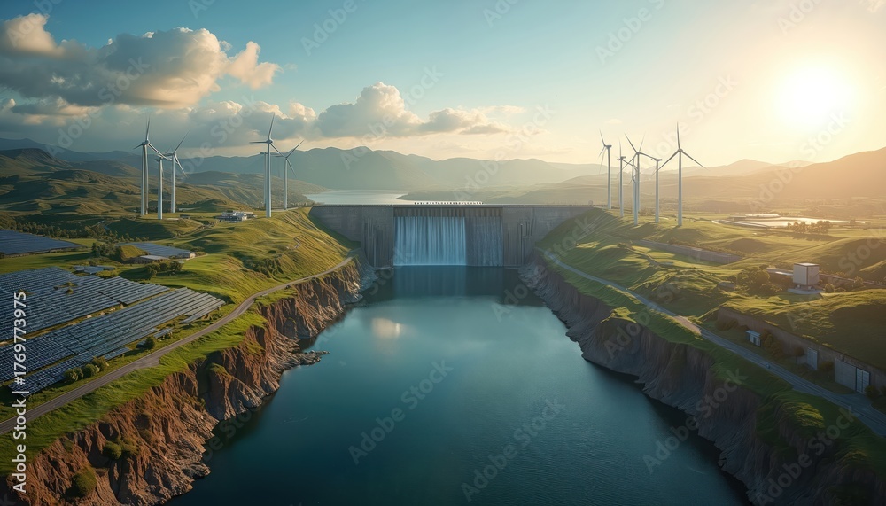 Massive hydroelectric dam releases powerful water flow. Extensive solar ...