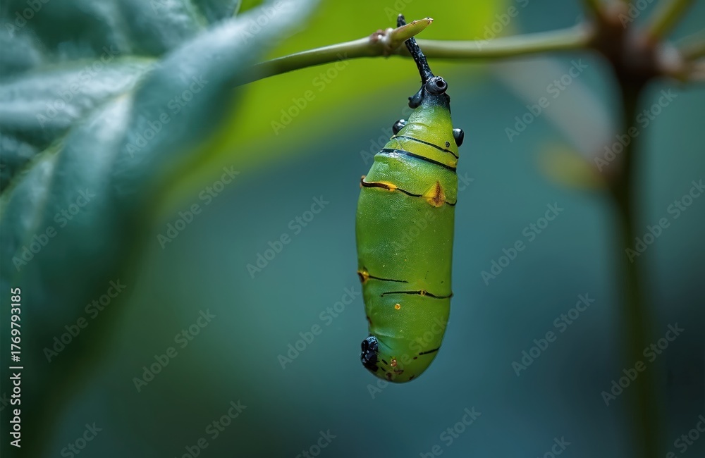 Green monarch butterfly chrysalis hangs from a plant stem. Insect pupa ...