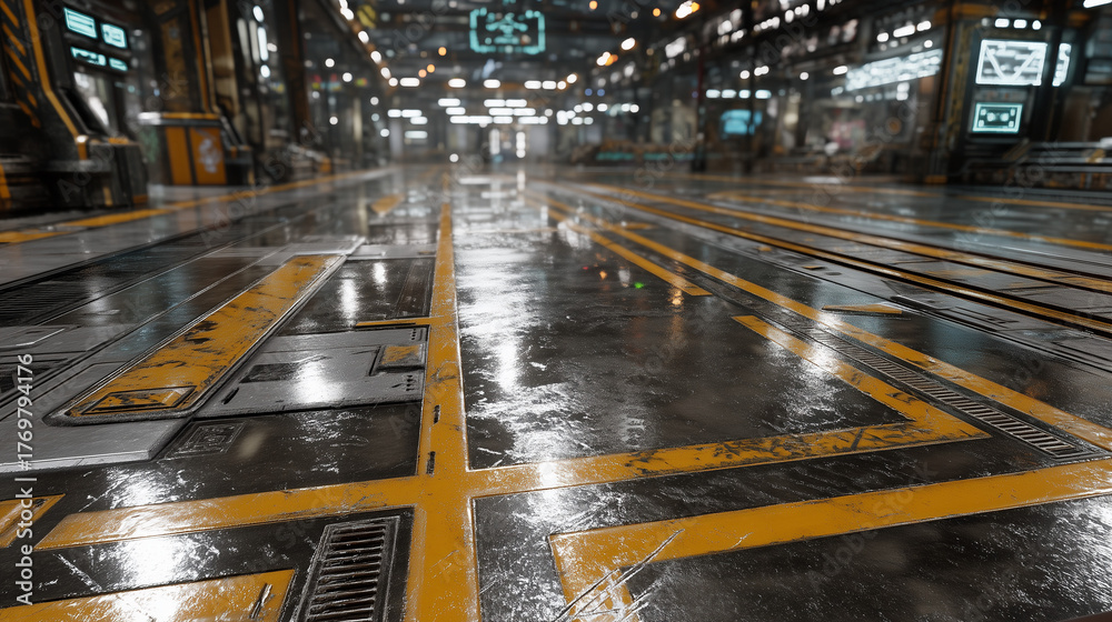 High-tech industrial corridor with reflective wet metal floor, yellow ...