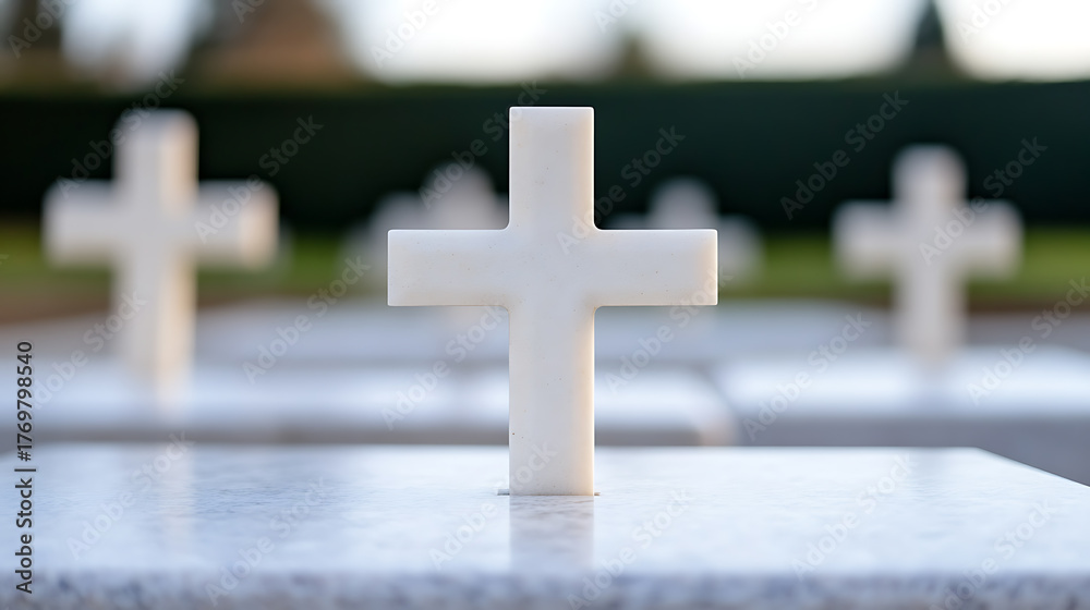 Stock-Foto „Solemn crosses stand as quiet tributes in a peaceful ...