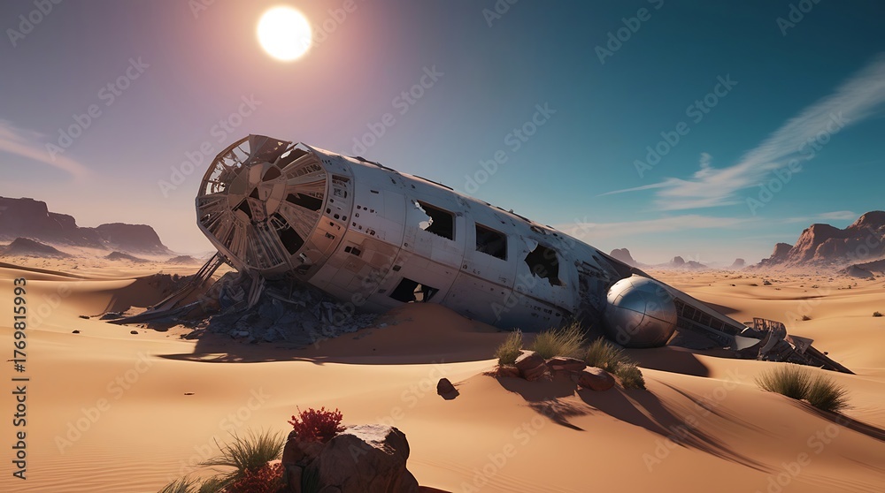 A Damaged spaceship wreck with metallic hull and shattered windows half ...