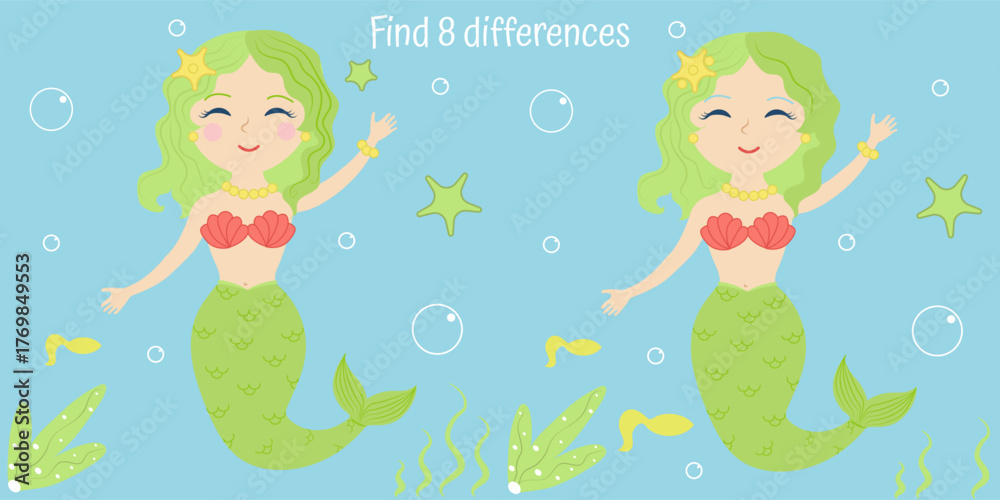 Find 8 differences, mermaid swimming in water, seaweed, fish, pearls ...