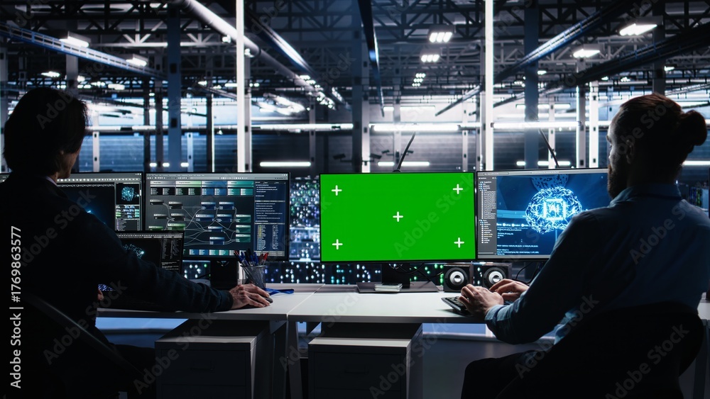 Data center engineer working on neural network software development on ...