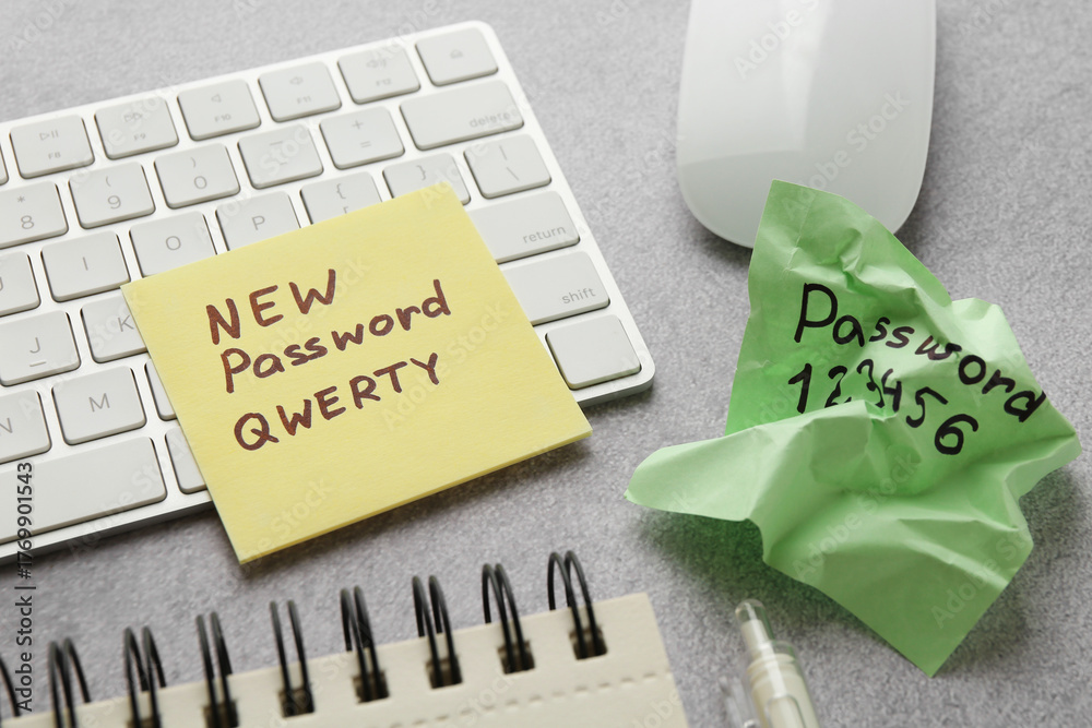 Changing password. Sticky notes with old and new passcodes, computer ...