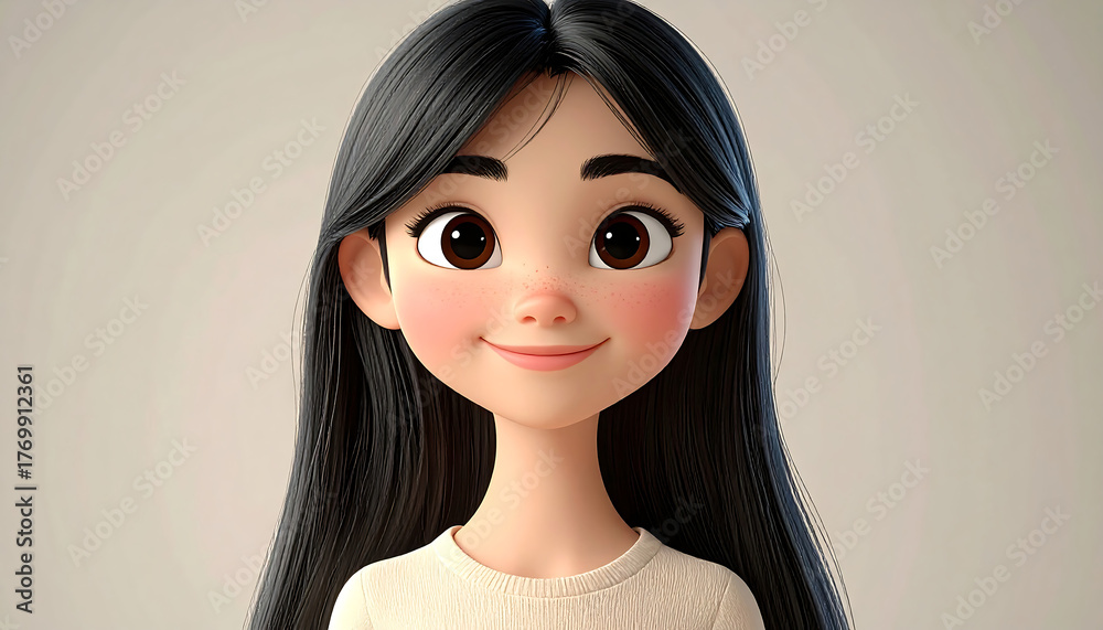 A beautiful 3D animated portrait of a young woman with long black hair ...