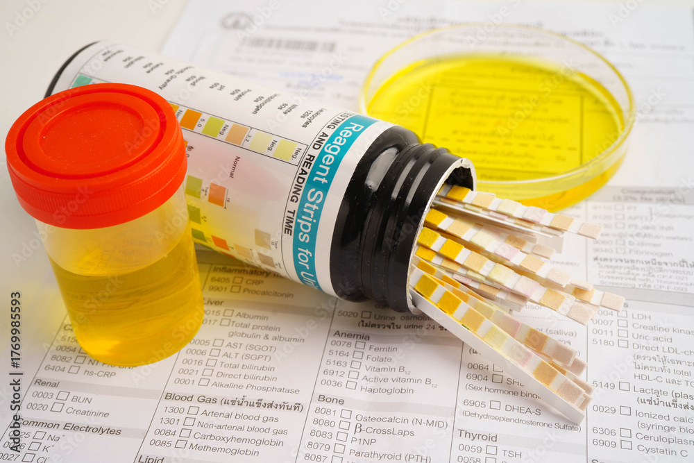 Foto de Stock Urinalysis, urine cup with reagent strip pH paper test ...