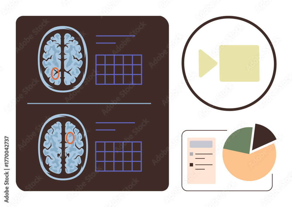 Brain scans with highlighted areas, grid data, pie chart, discussion ...