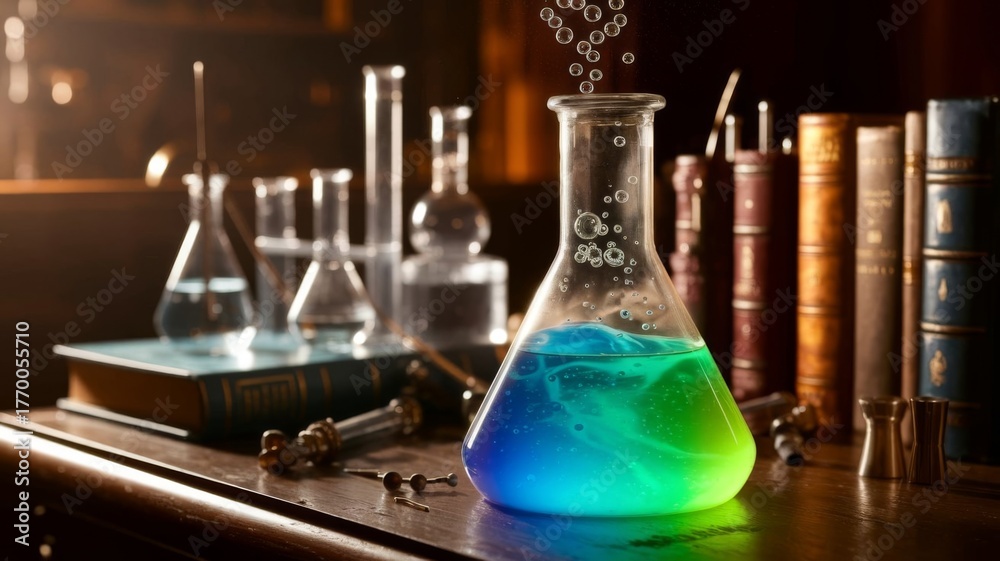 Glowing chemical potion in vintage laboratory with books and glass ...