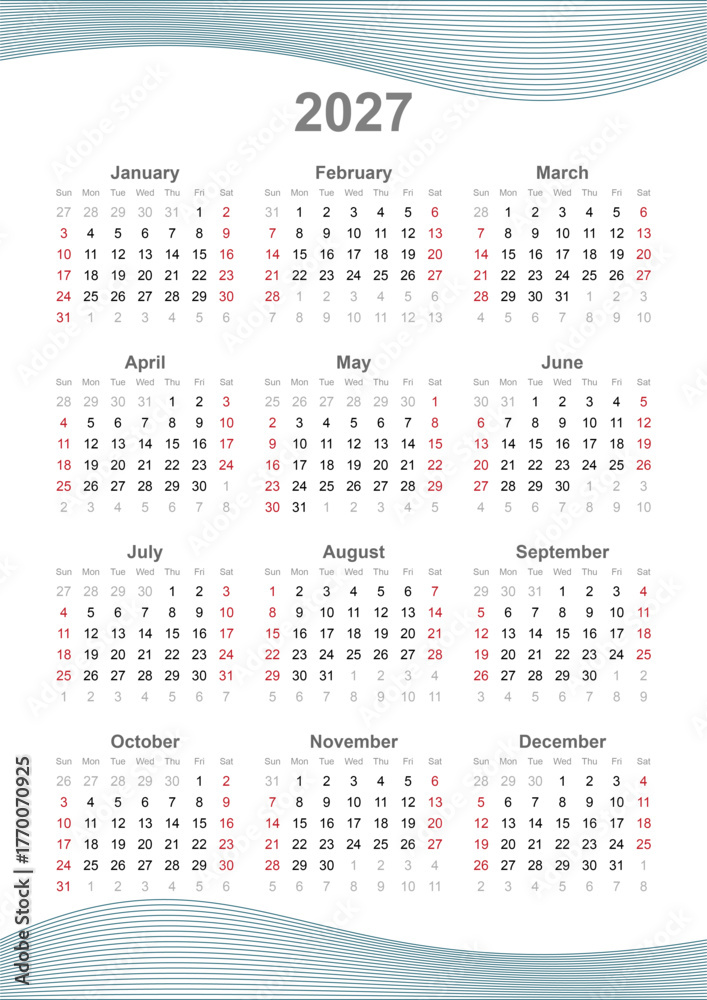 Vector de Stock Calendar vector template for 2027 year. Week Starts on ...