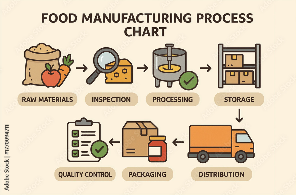 Ilustracja bez tantiem: Food manufacturing process chart showing raw ...
