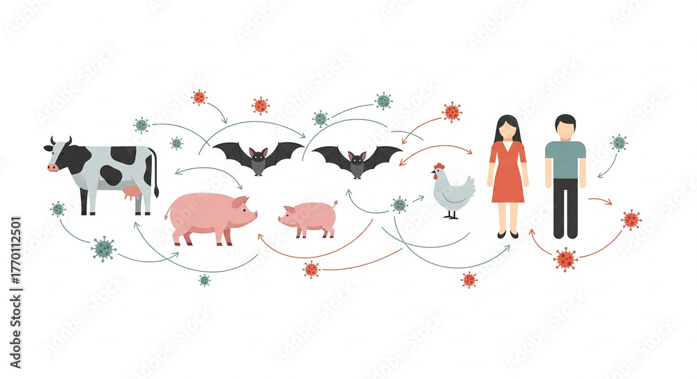 Zoonotic disease transmission from animals to humans, featuring ...