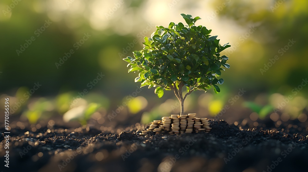 Young green tree sapling growing in rich soil at sunrise Stock Photo ...
