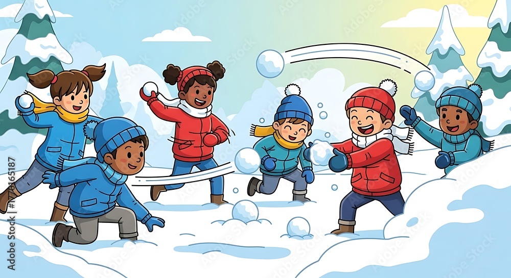 Children Enjoying a Fun Snowball Fight in a Winter Wonderland. Stock ...