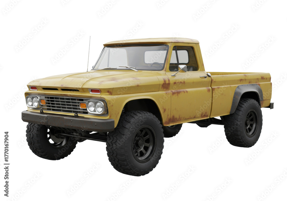 Isolated classic yellow pickup truck with off-road modifications for ...
