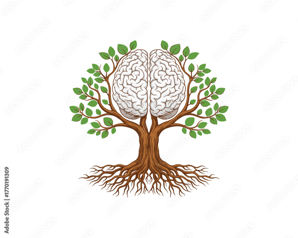 Brain as a tree with roots and branches on white background Stock ...