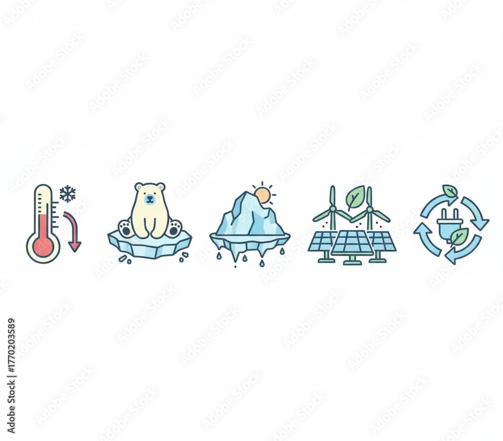 Climate change icons thermometer, polar bear on melting ice, solar ...