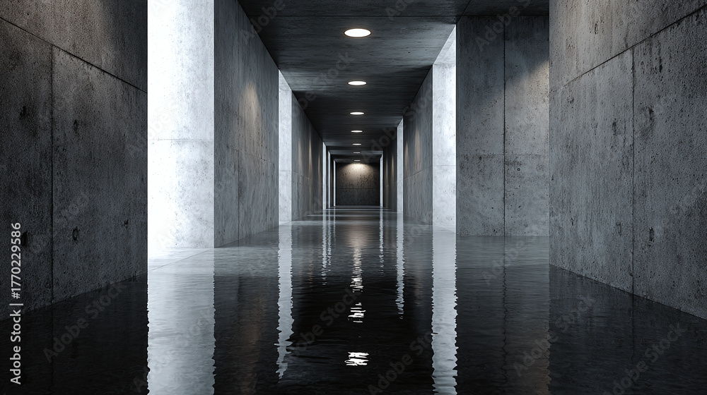 A minimalist concrete corridor with water reflection creating an ...
