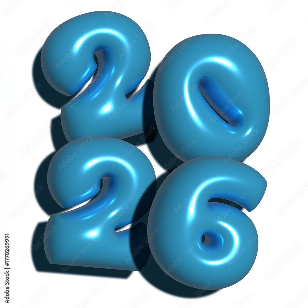 Blue 3D text 2026 on a transparent background. Blue bubble typeface ...