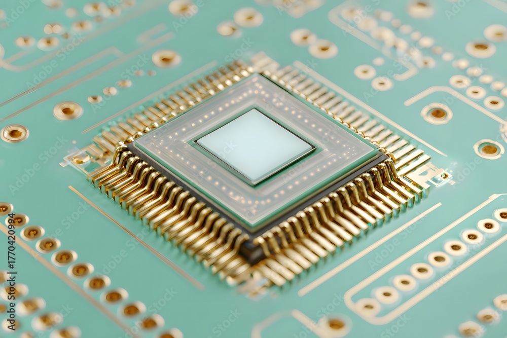 High-detail close-up of an integrated circuit seated on a mint-green ...