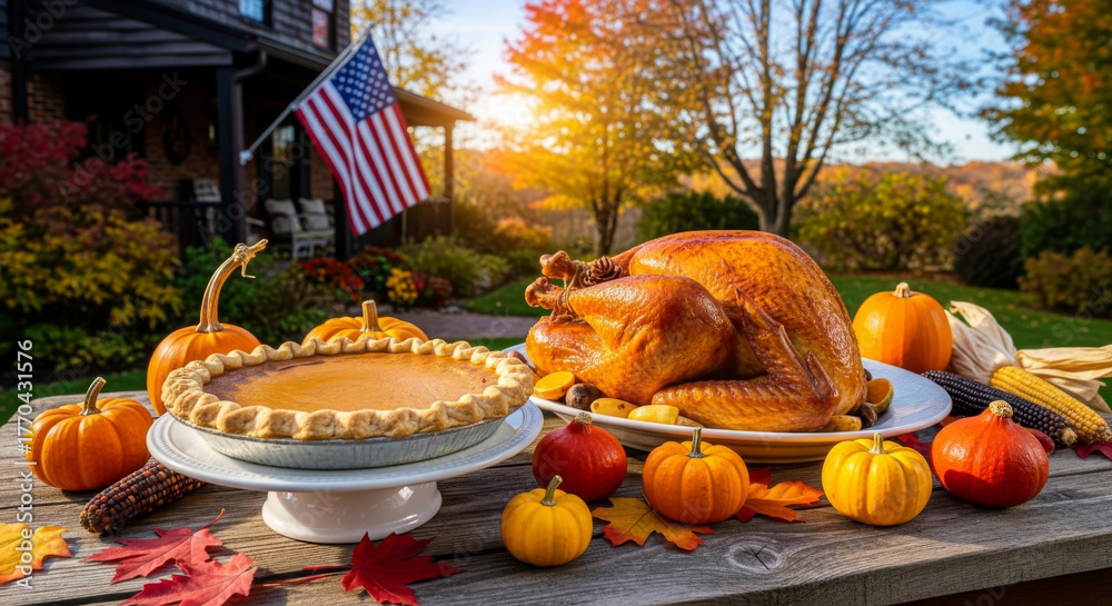 Thanksgiving feast outdoors with a roasted turkey, pumpkin pie, and an ...