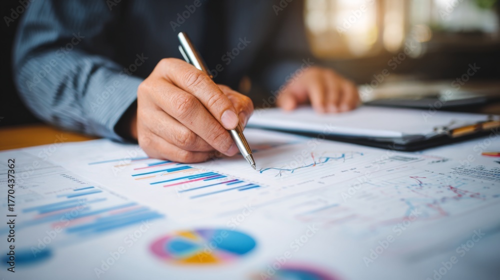 Business Professional Analyzing Financial Reports on Desk, Using Pen to ...