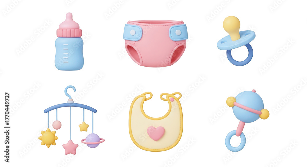 Baby items collection with bottle pacifier and mobile isolated on a ...