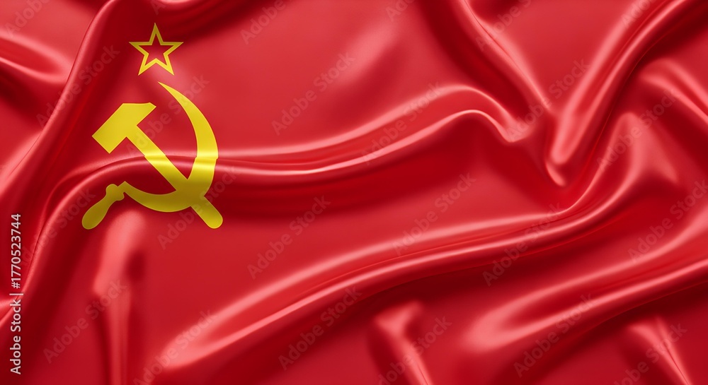 Red flag featuring a yellow hammer and sickle with a star above ...