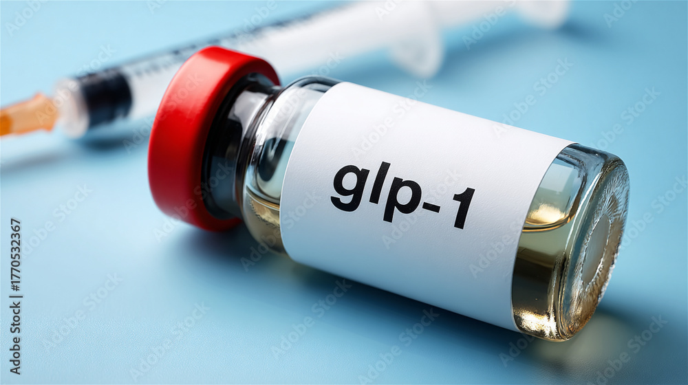 Glp-1 medication vial labeled with glp-1 text, containing a clear ...