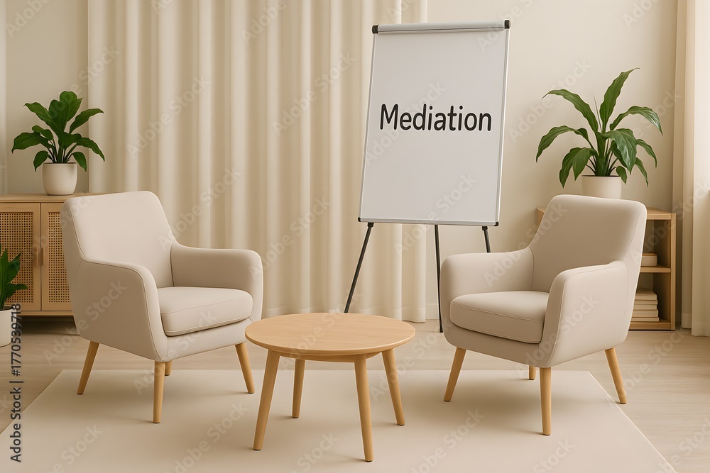 Neutral-toned mediation room with chairs, table, plants, and a flip ...
