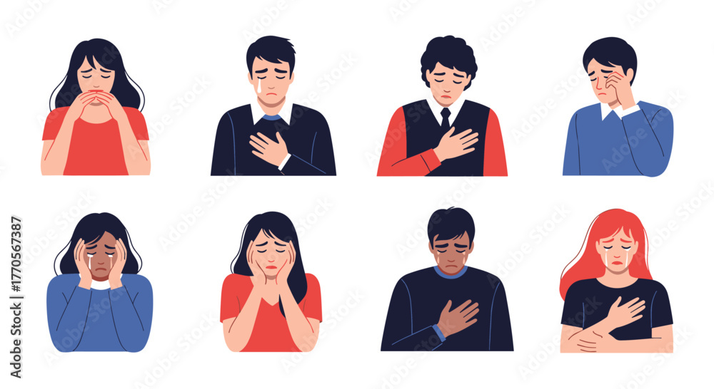 Stock-Vektorgrafik „Eight cartoon characters express sadness and grief ...