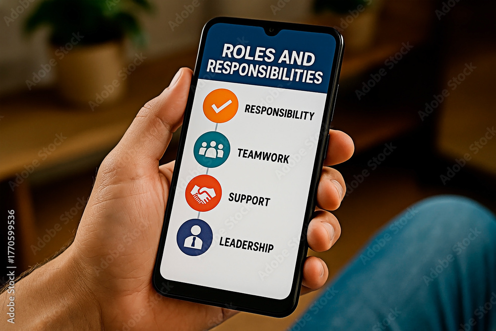 Smartphone displaying roles and responsibilities to the concept of job ...