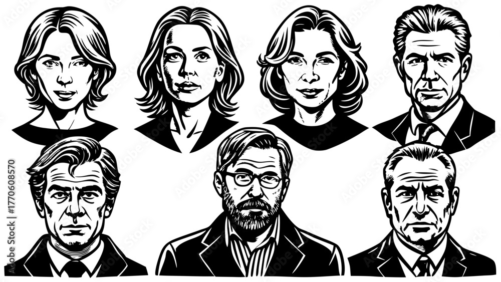 Very beautiful series of 6 avatars drawn with clean black rapidograph ...